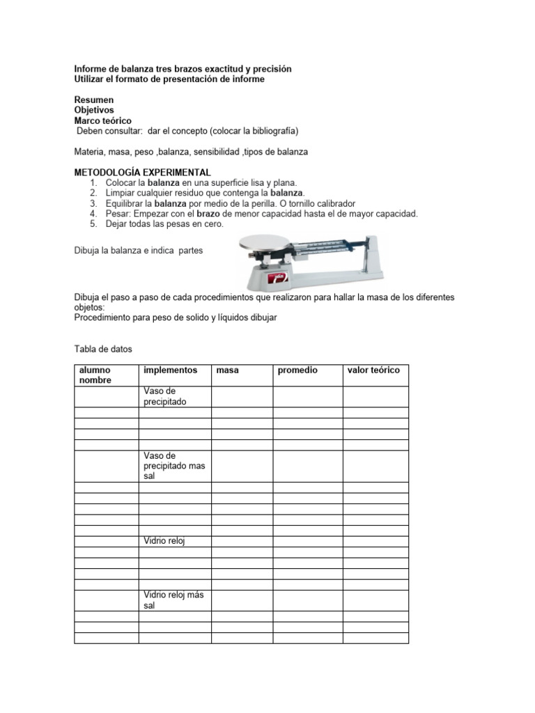 Informe de Balanza Tres Brazos Exacto y Preciso | PDF