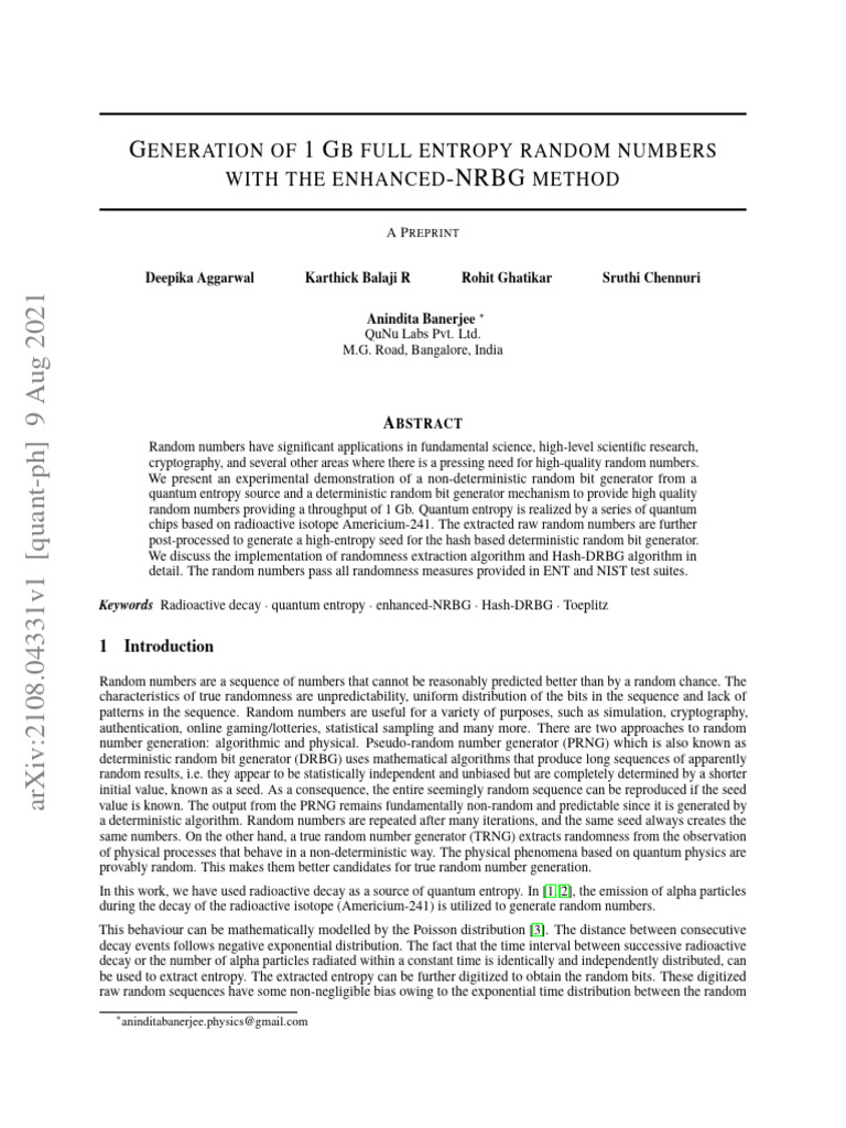 Generation of 1 Gb Full Entropy Random Numbers With the Enhanced Nrgb Method | PDF | Radioactive ...