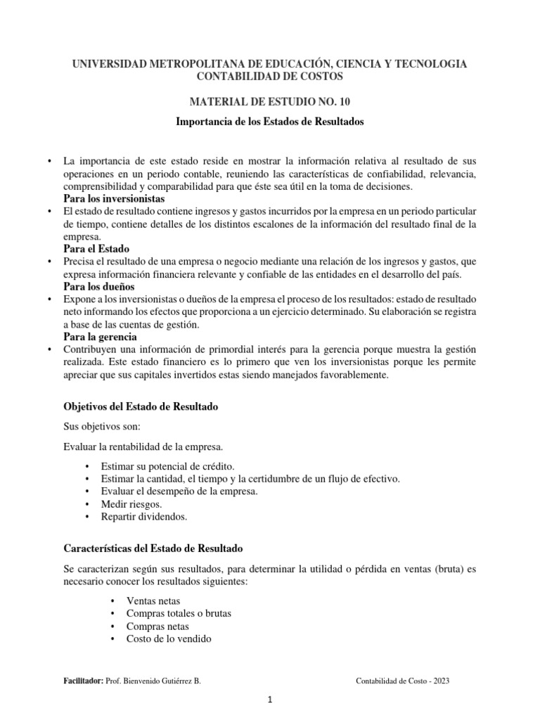 Material de Estudio No. 10 - Importancia de Los Estados de Resultados ...