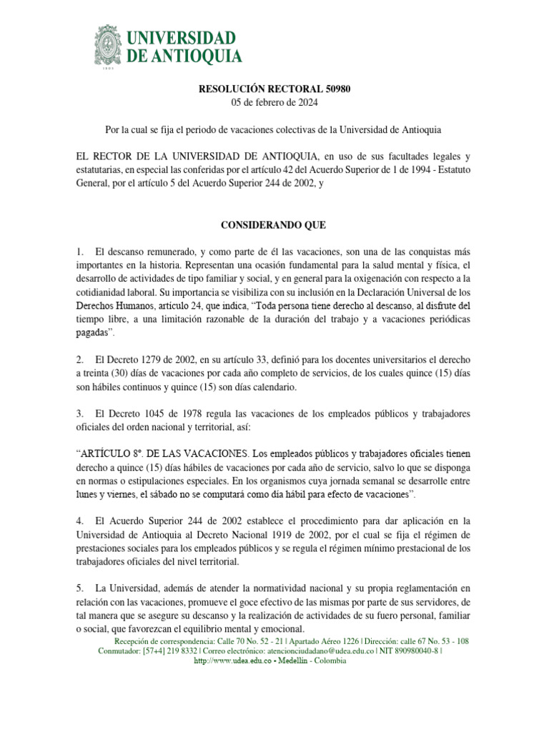 Vacaciones Colectivas UdeA 2024-2025 | PDF | Gobierno