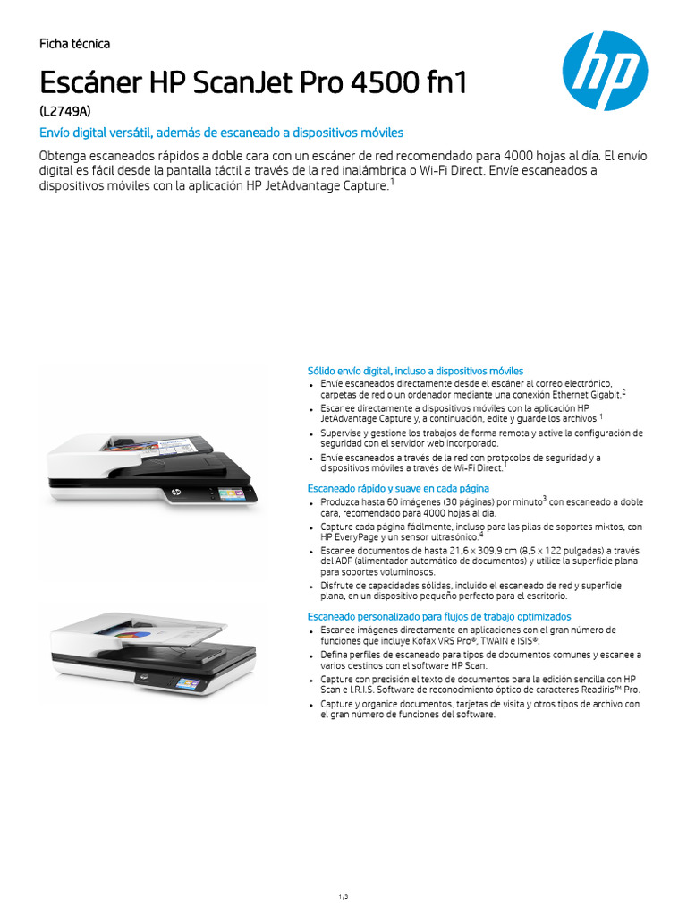 Escáner HP Scanjet Pro 4500 Fn1: Sólido Envío Digital, Incluso A ...