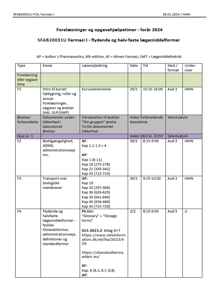 Forelæsningsplan - 2024 - Første Del - HMN | PDF