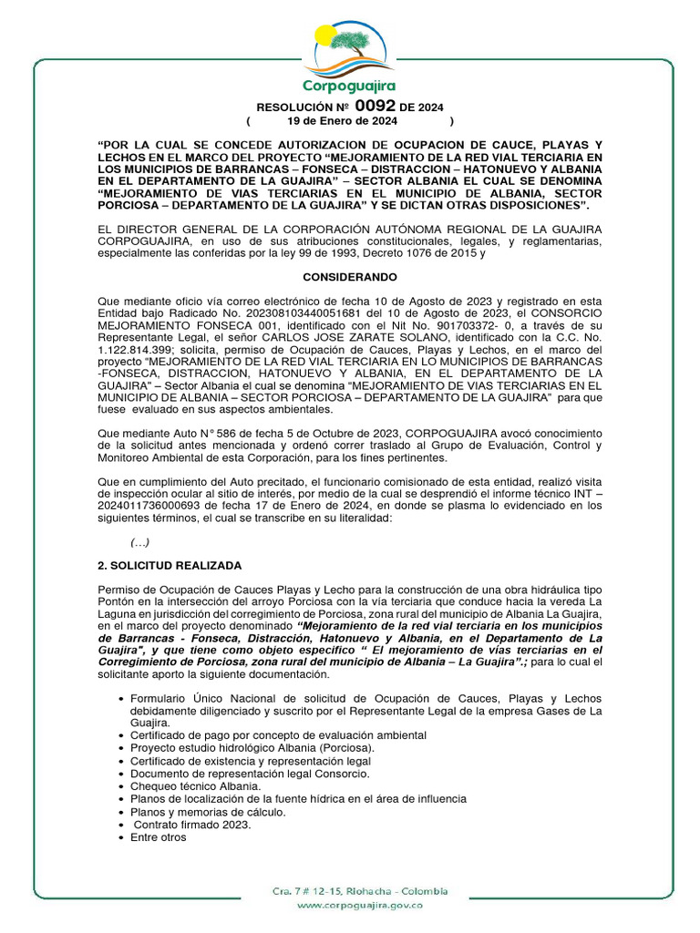 Resolución No. 0092 del 19 de enero de 2024, Autorización Ocupación de ...