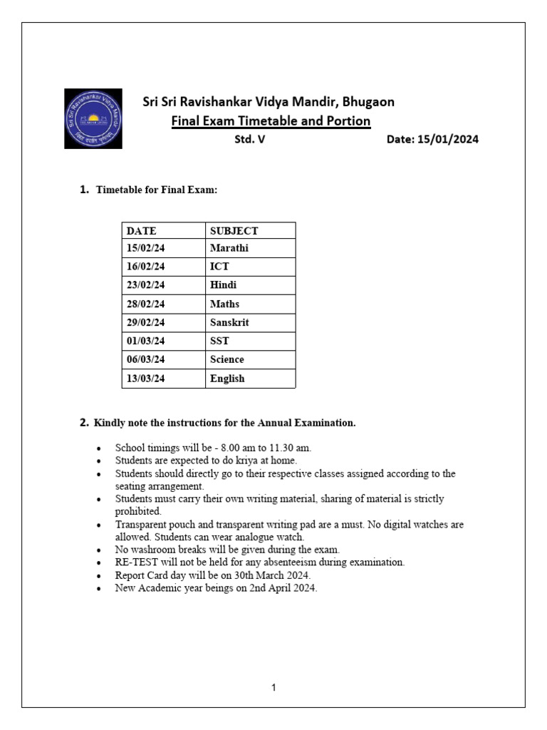 Final Exam Timetable and Portion - STD 5 | PDF