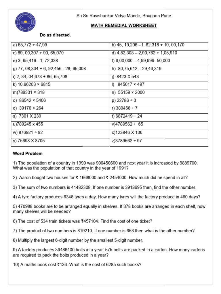 Class 5 Maths Remedial Worksheet | PDF