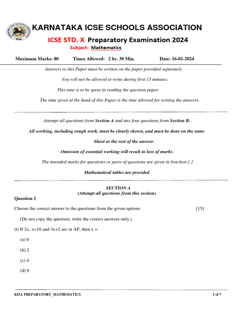 KISA - Preparatory Examination - Mathematics - STD X | PDF | Circle ...