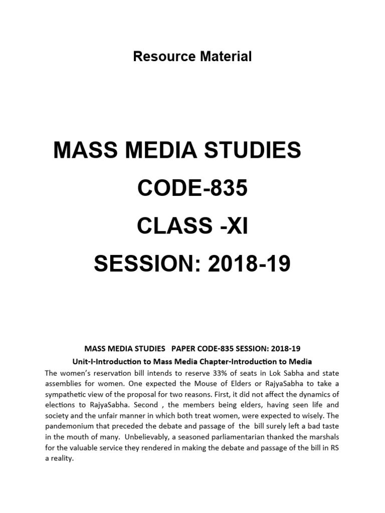 MASS MEDIA STUDIES-835-CLASS XI Resource Material | PDF | Mass Media ...