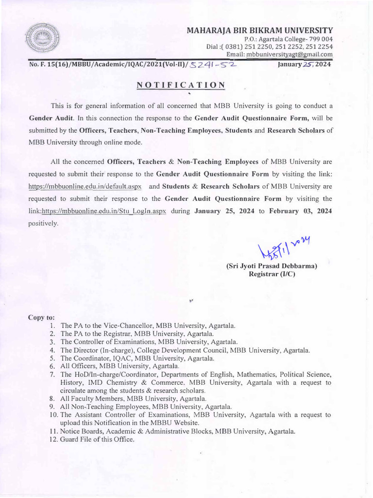 5241-52 Notification Regarding Gender Audit of MBBU | PDF | Science