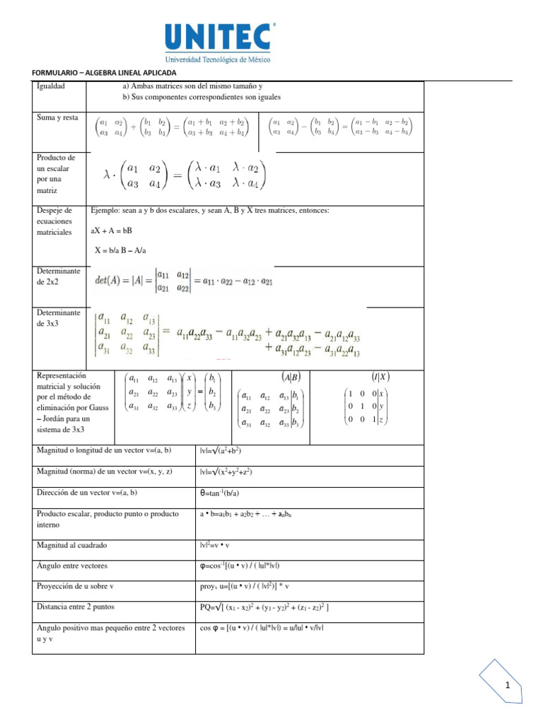 Formulario de Álgebra Lineal Aplicada | PDF | Matriz (Matemáticas ...