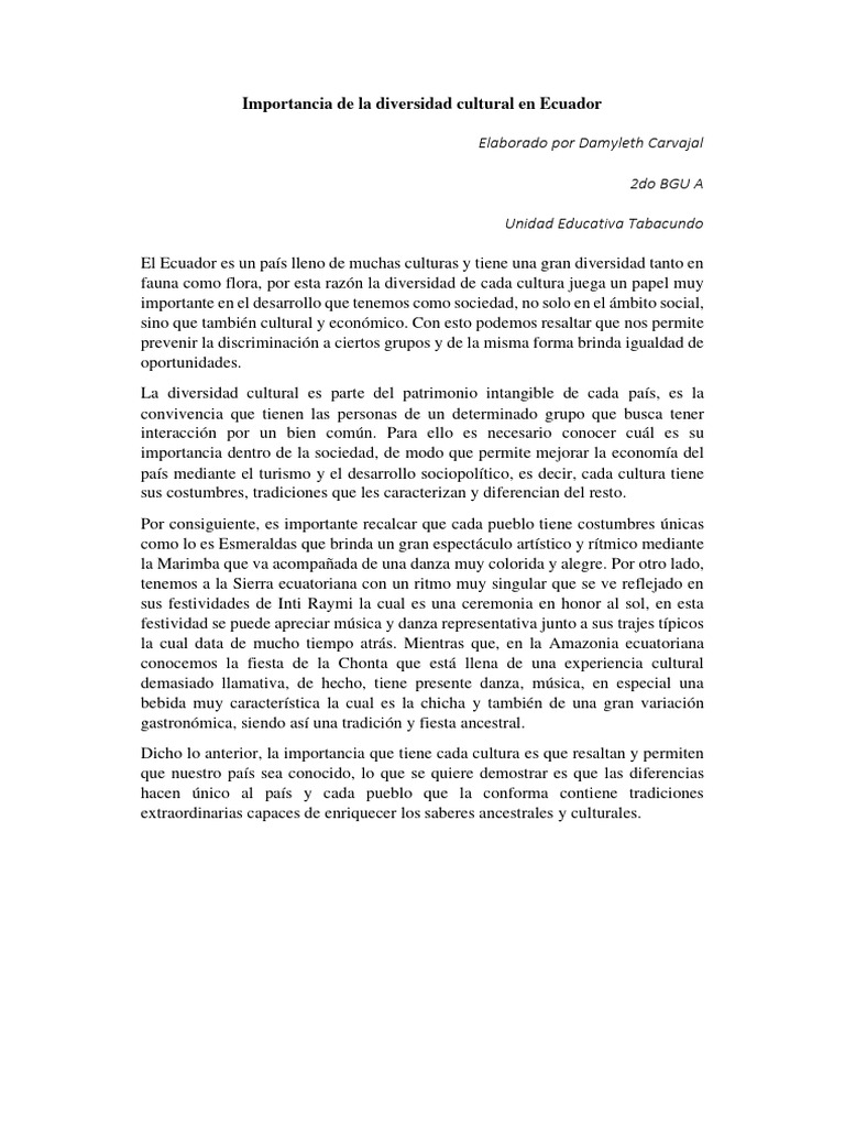 Importancia de La Diversidad Cultural en Ecuador. Carvajal Damyleth | PDF