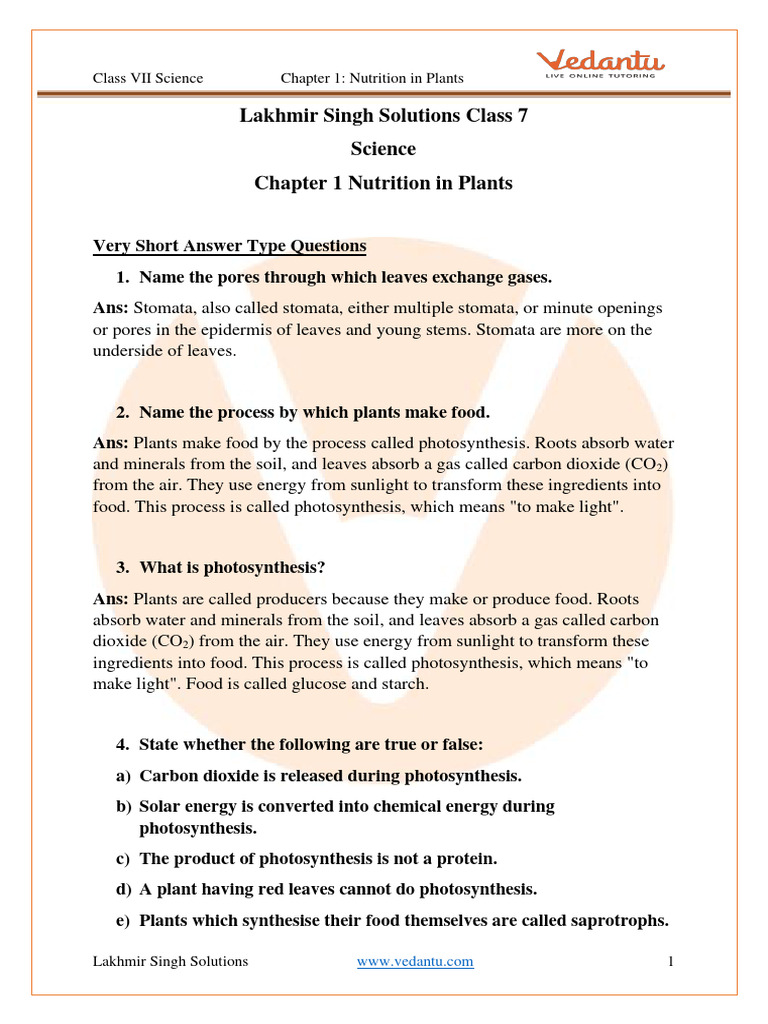 Lakhmir Singh Solutions For Class 7 Science Chapter 1 Nutrition ...