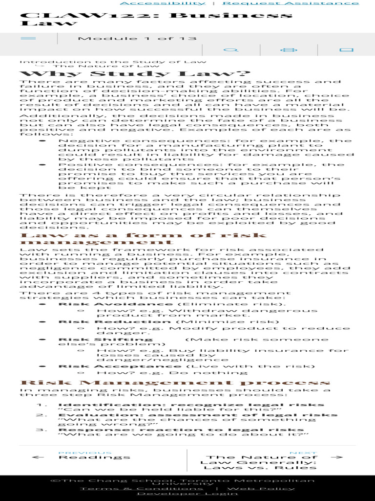 CLAW122, Module 1 - Why Study Law | PDF | Risk | Risk Management