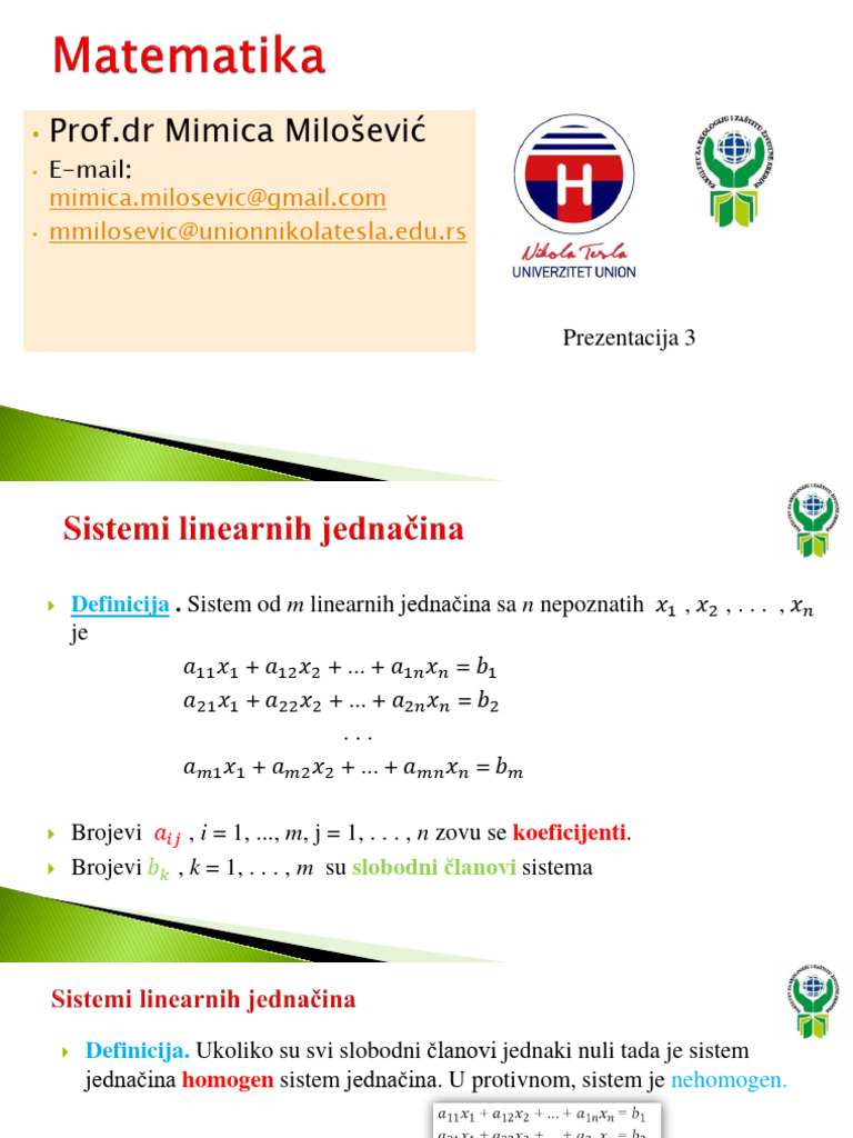 Matematika - Sistemi Linearnih Jednačina | PDF