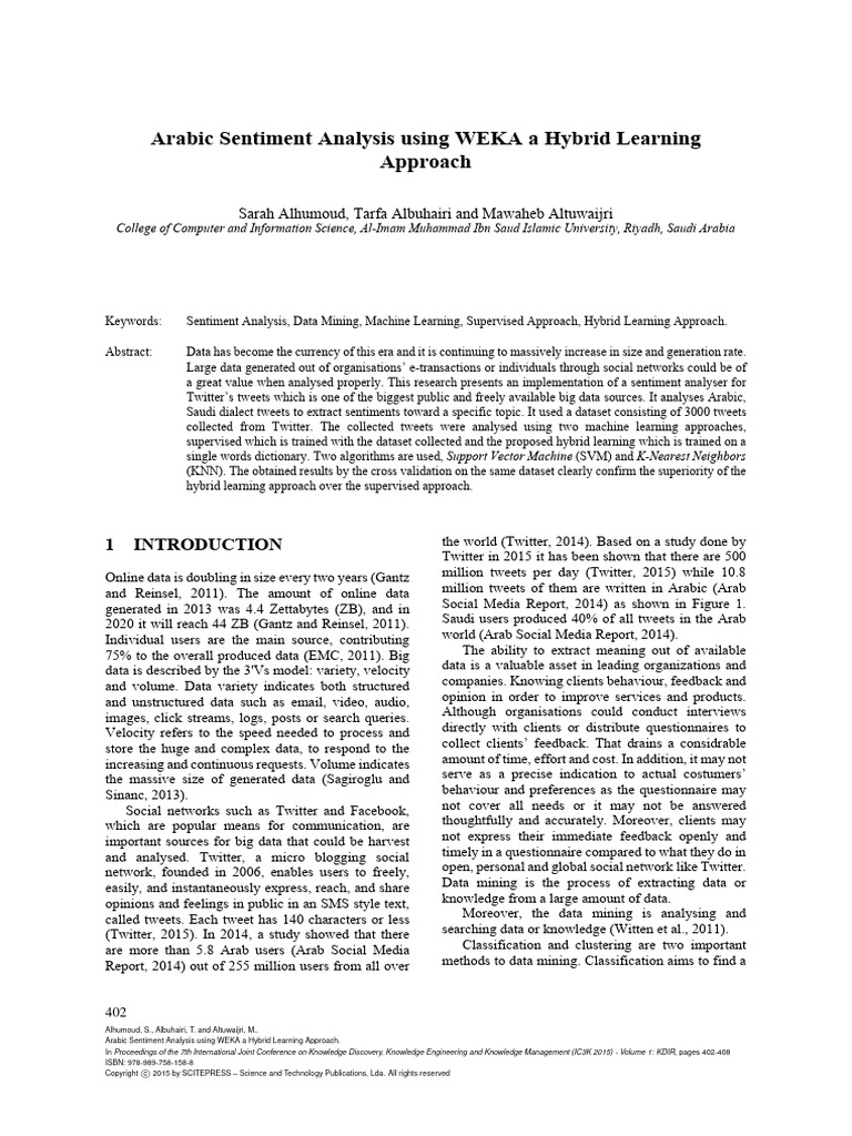 Arabic Sentiment Analysis Using WEKA A Hybrid Learning Approach | PDF | Support Vector Machine ...