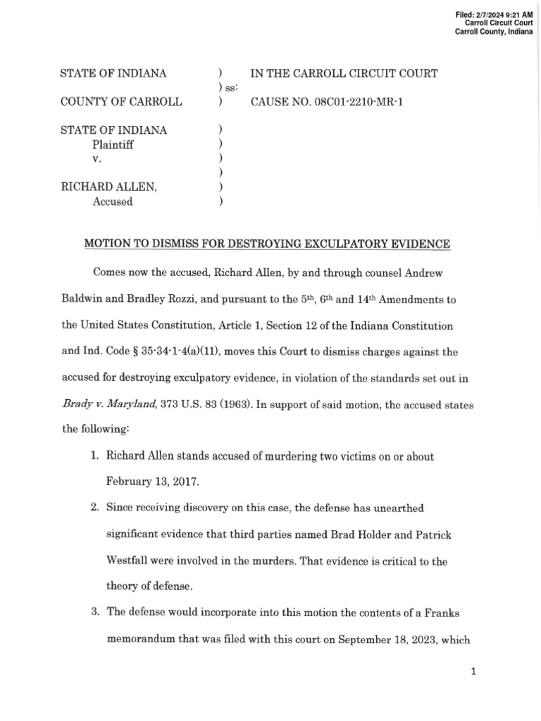 Motion to Dismiss: Westfall's Evidence Issues | PDF | Discovery (Law) | Prosecutor