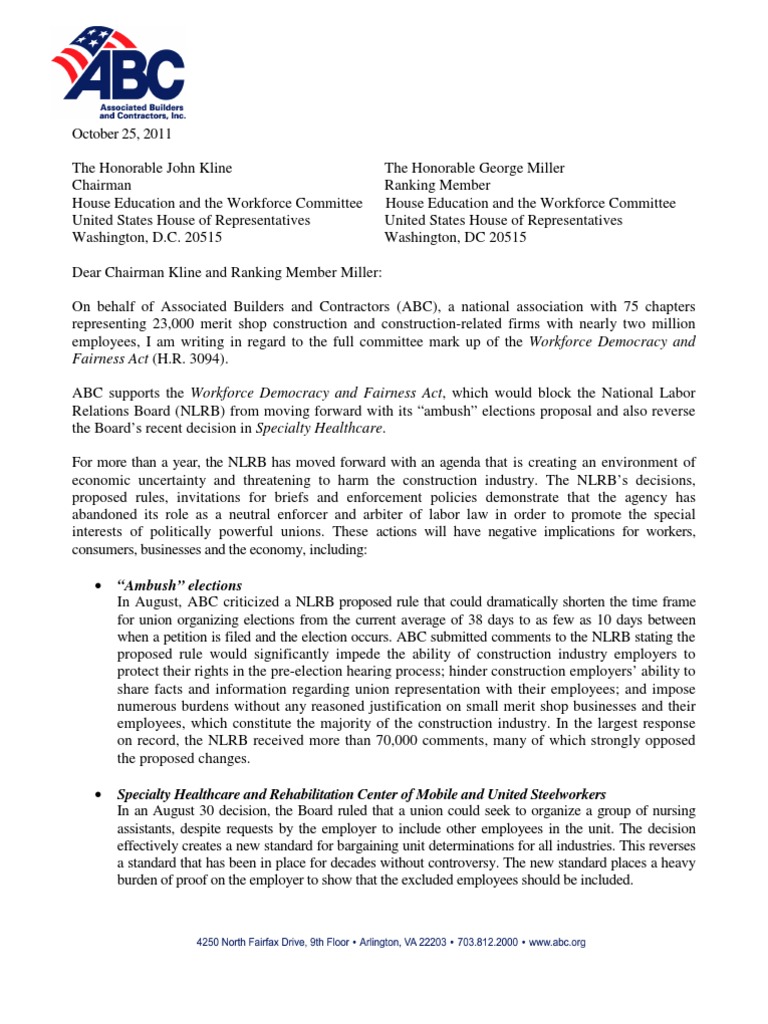 HR 3094 Markup - ABC Support Letter | PDF | National Labor Relations ...
