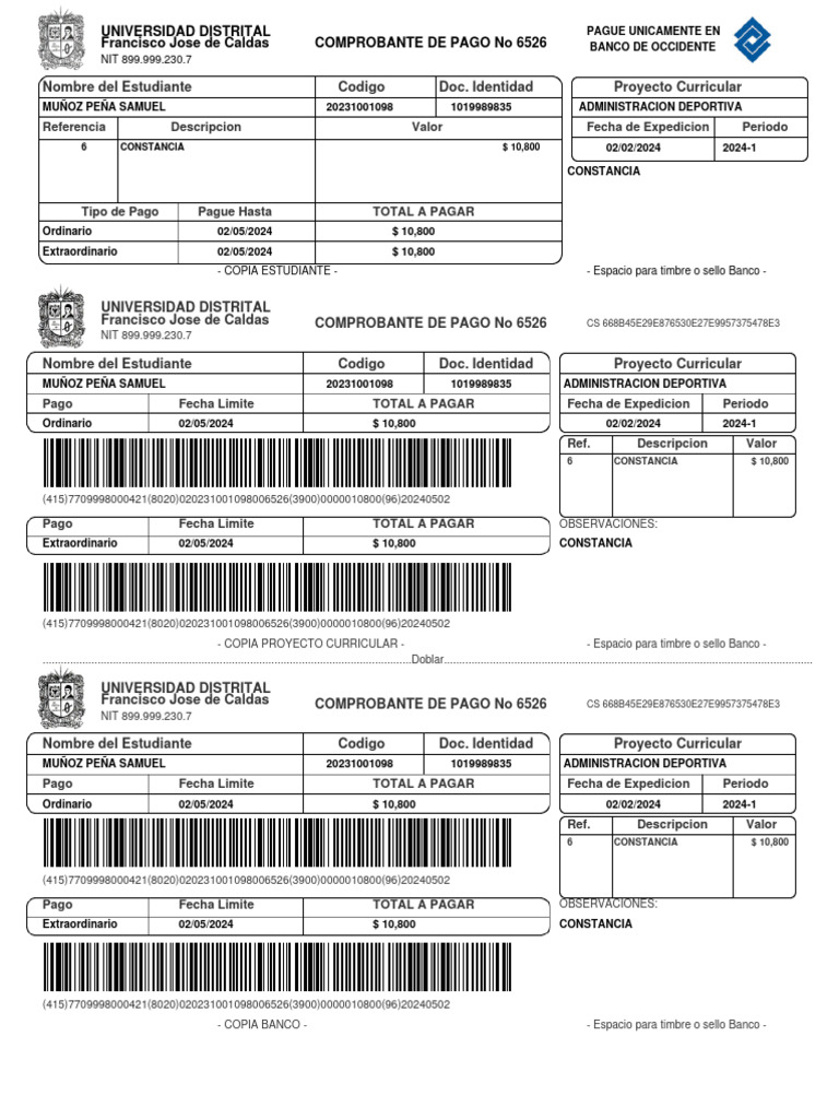 Universidad Distrital Francisco Jose de Caldas Comprobante de Pago No 6526 | PDF