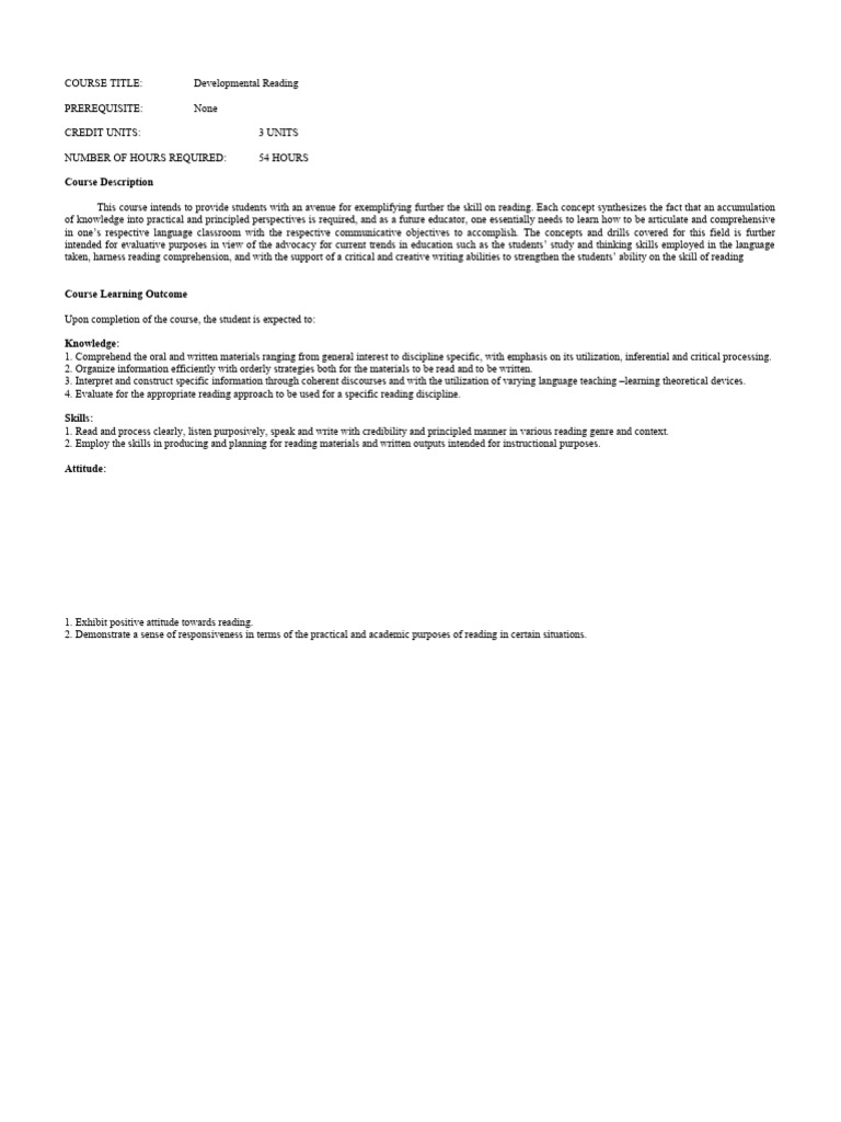 Developmental Reading Syllabus | PDF | Reading Comprehension | Learning