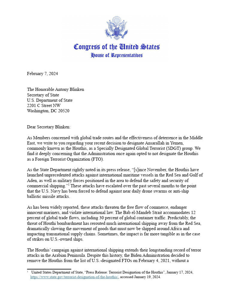 2.7.24 Letter To Blinken On Houthi FTO Designation | PDF | Red Sea ...