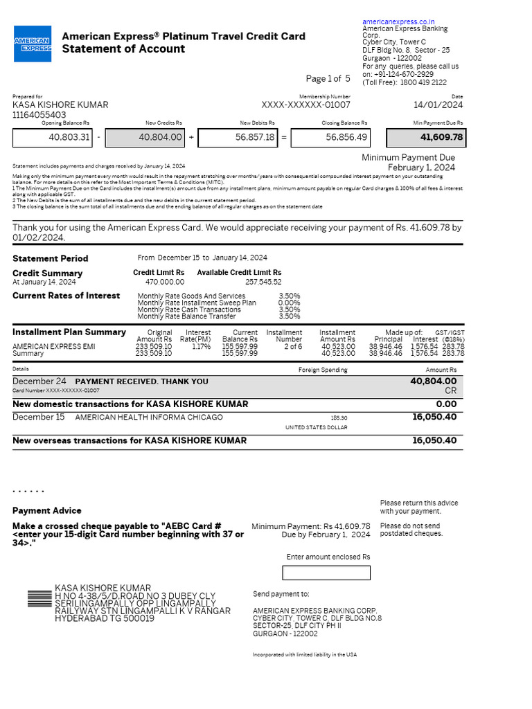 Statement of Account: American Express® Platinum Travel Credit Card ...