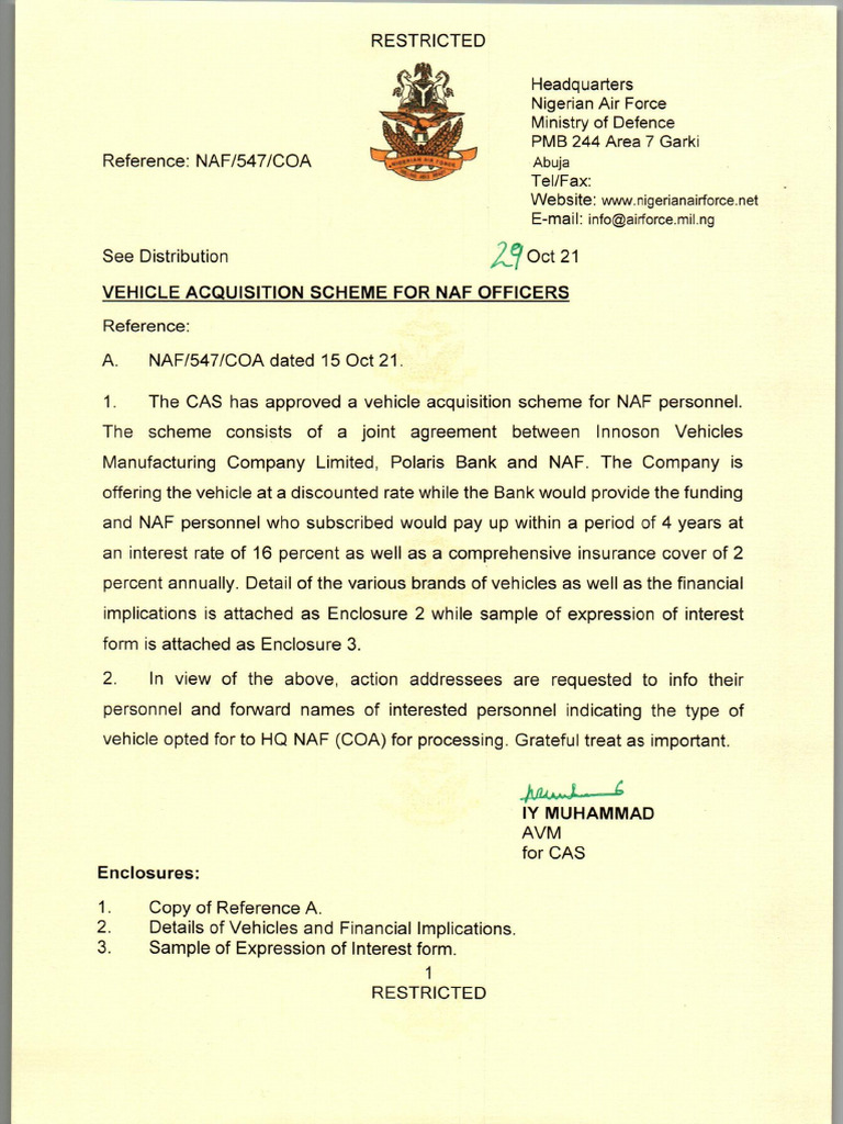 Vehicle Acquisition Scheme For Naf Officers - Coa Signed | PDF