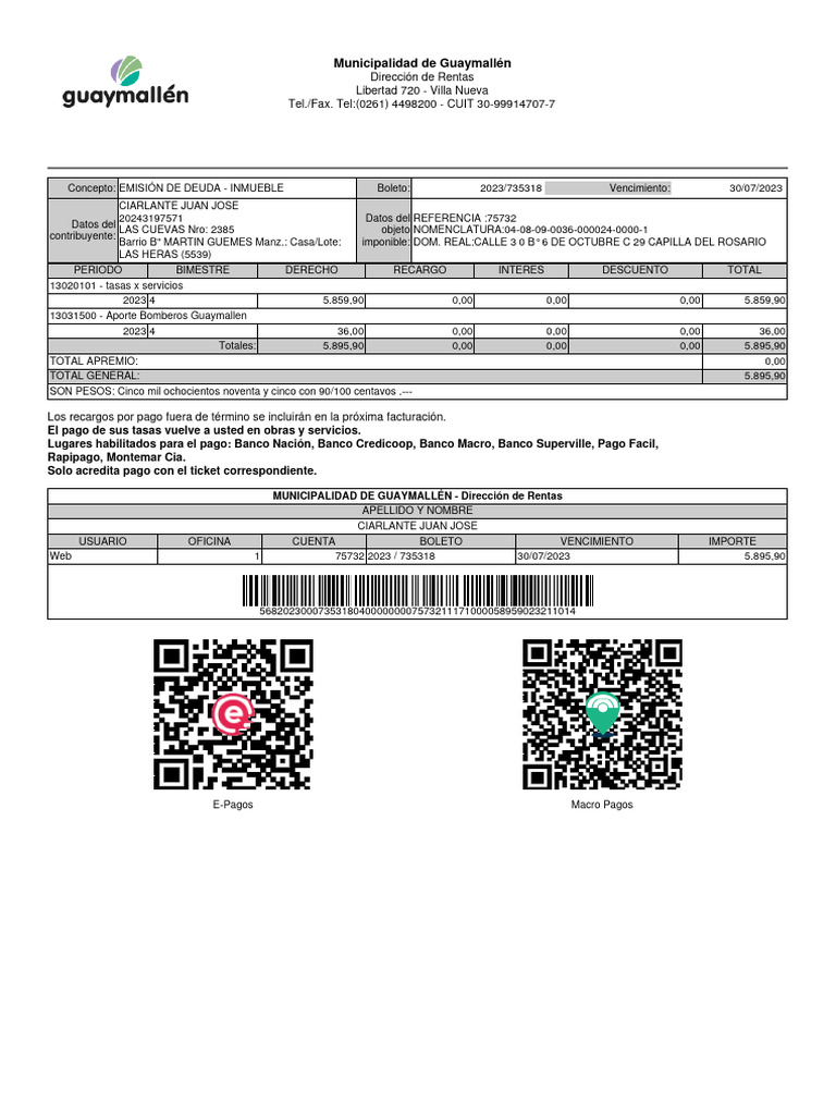 Factura Tasas Municipales Guaymallen Julio - 2023 | PDF