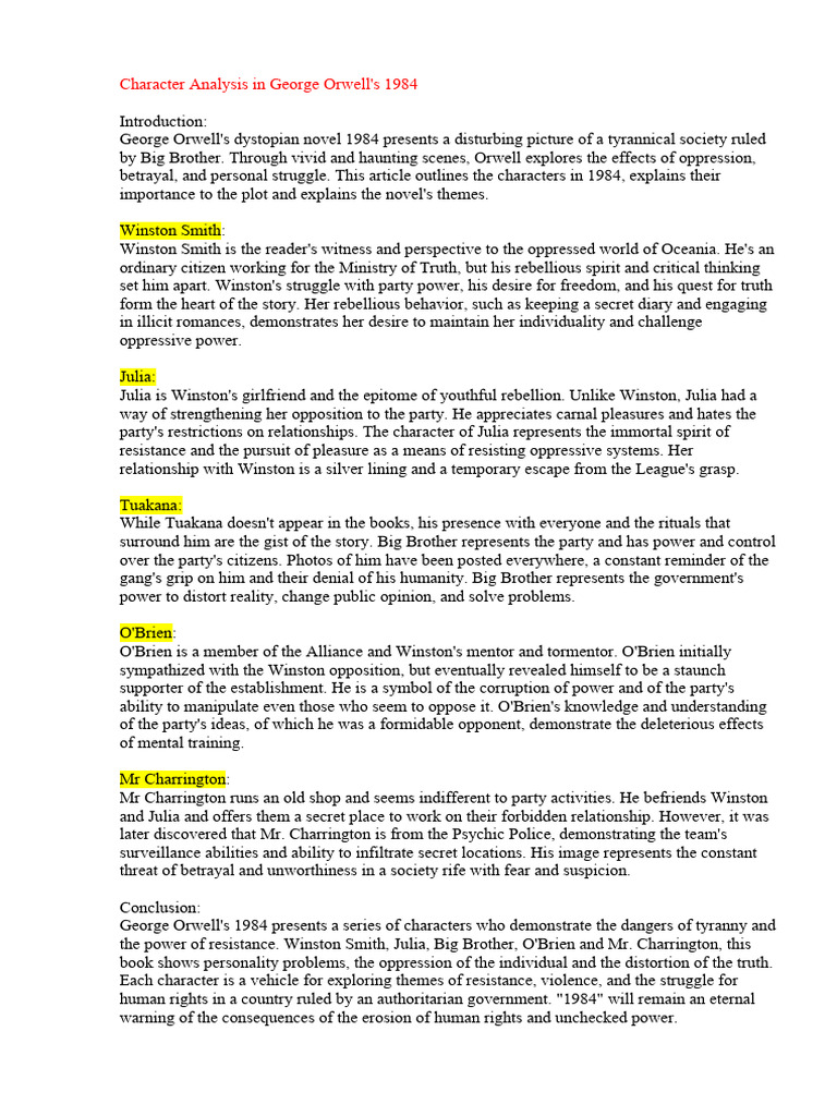 Character Analysis 1984 | PDF