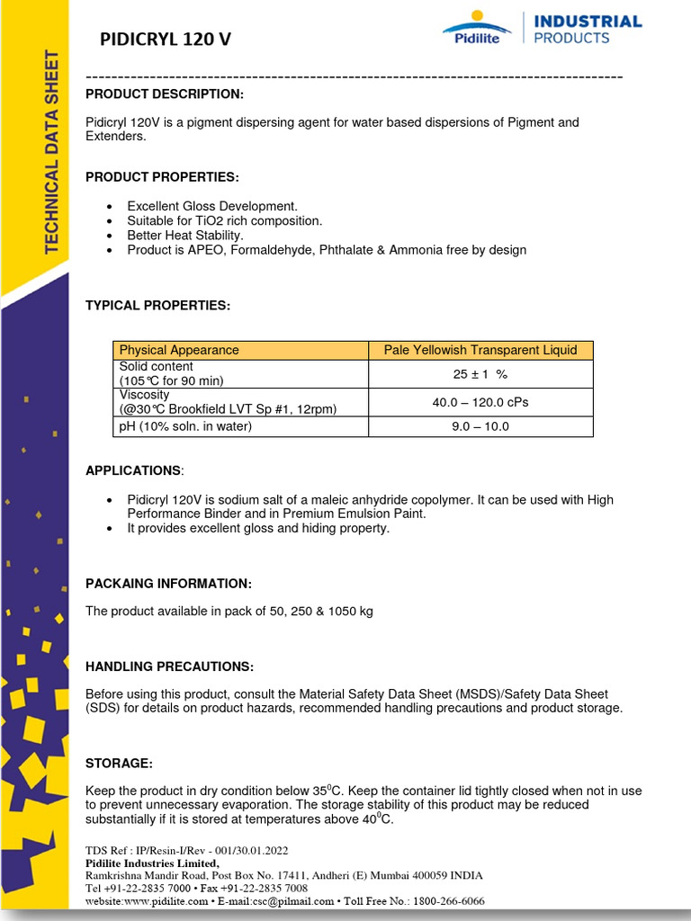 TDS - Pidicryl 120 V | PDF | Chemical Substances | Physical Sciences