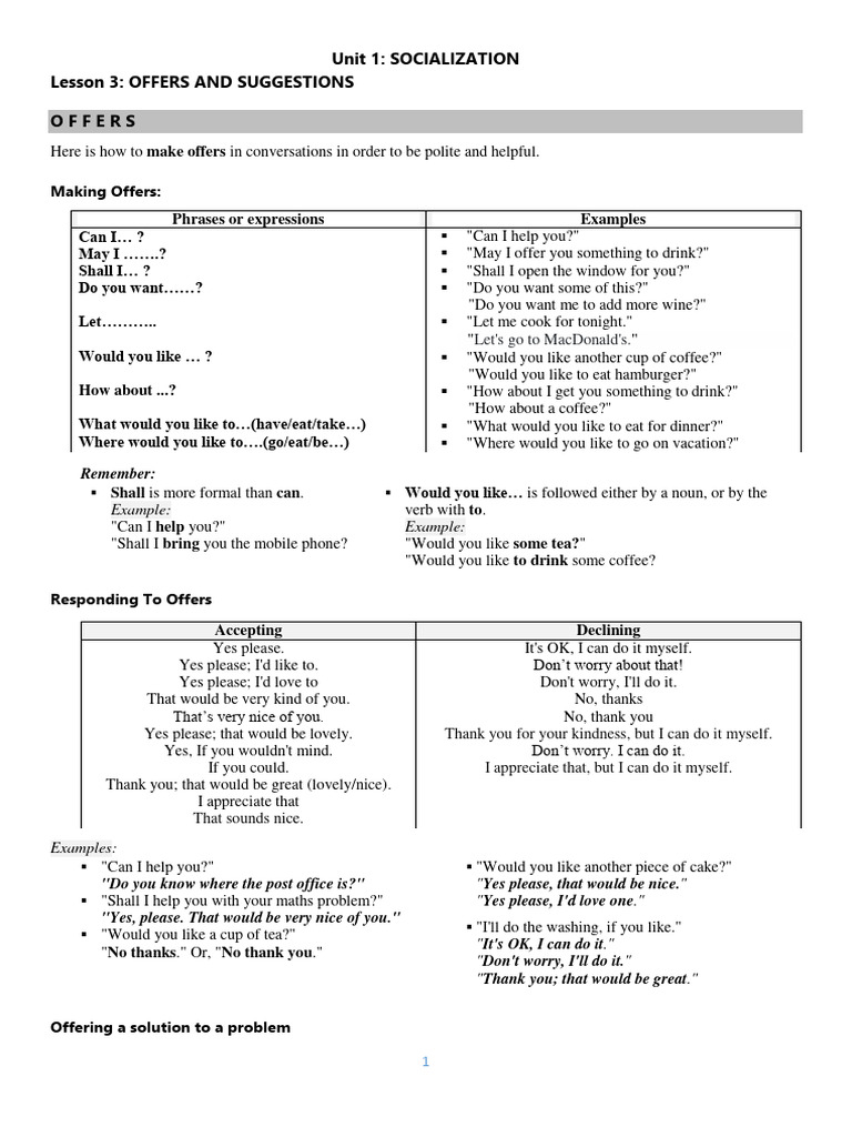 Unit 1 Lesson 3 Offers and Suggestions | PDF