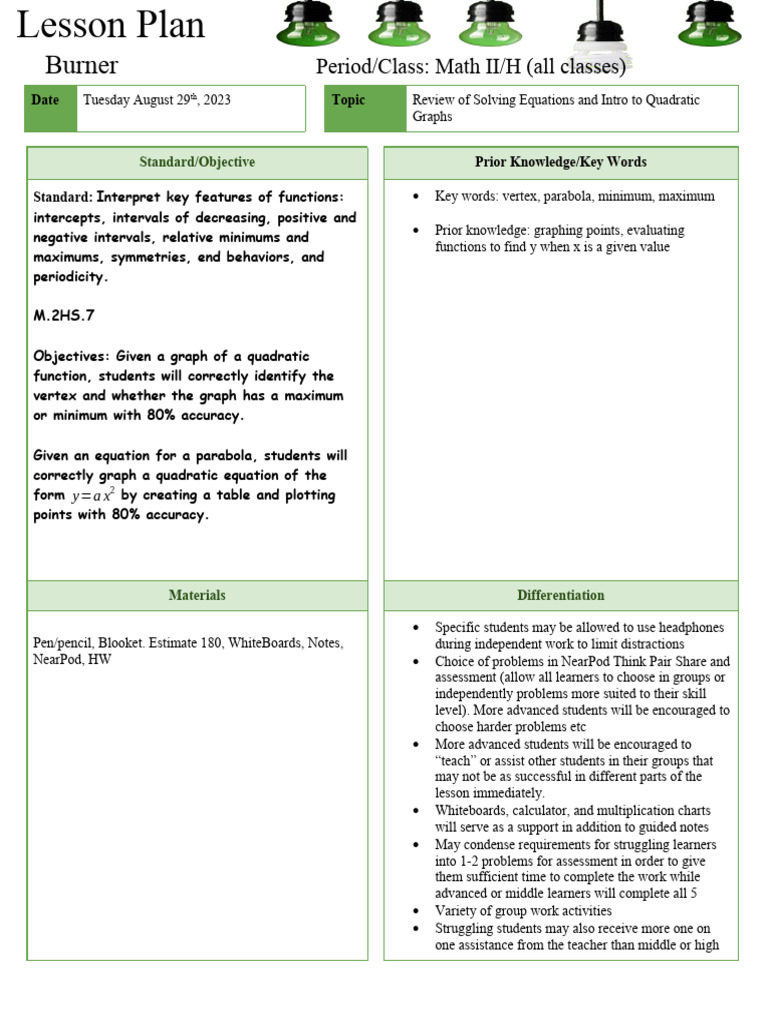 lesson plans week 2 | PDF | Quadratic Equation | Lesson Plan