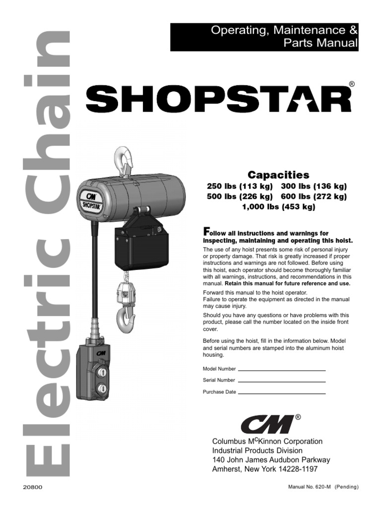 CM Shopstar Electric Chain Hoist 2011 March 620-M | PDF | Fuse (Electrical) | Power Supply