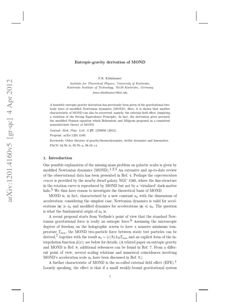 Entropic Gravity Derivation of Mond | PDF | General Relativity ...