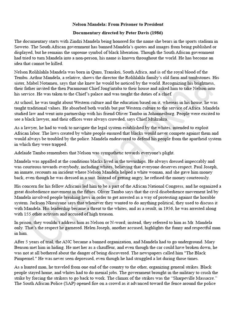 Nelson Mandela: From Prisoner To President Note | PDF | Nelson Mandela ...