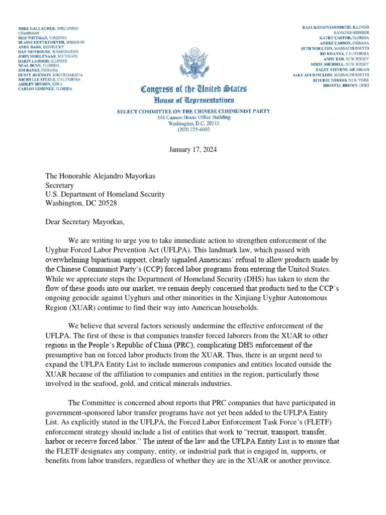 Gallagher Letter To Mayorkas On UFLPA | PDF | U.S. Customs And Border ...