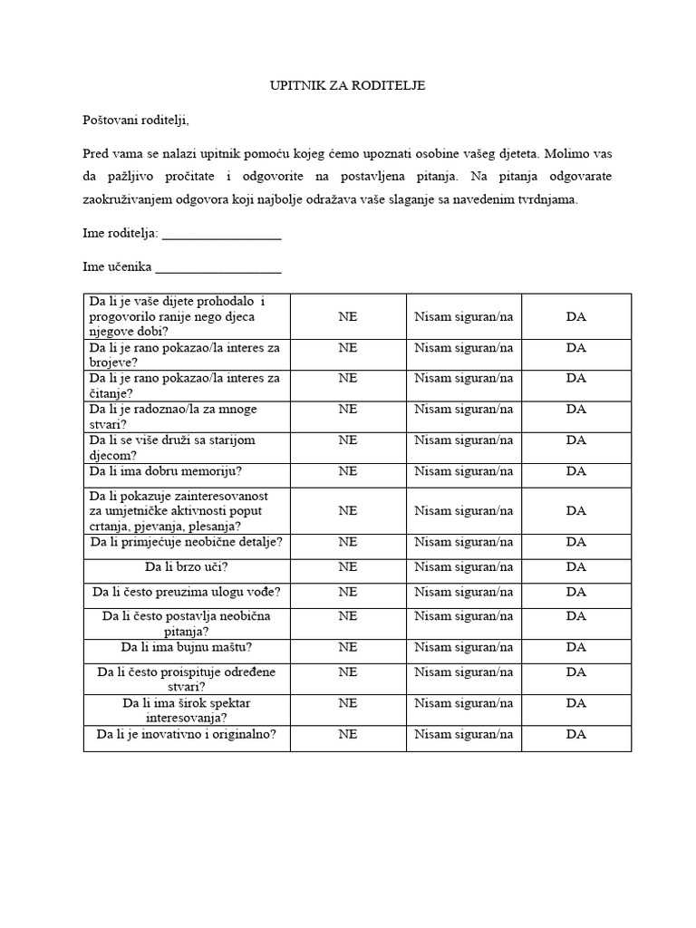 Upitnik Za Roditelje | PDF
