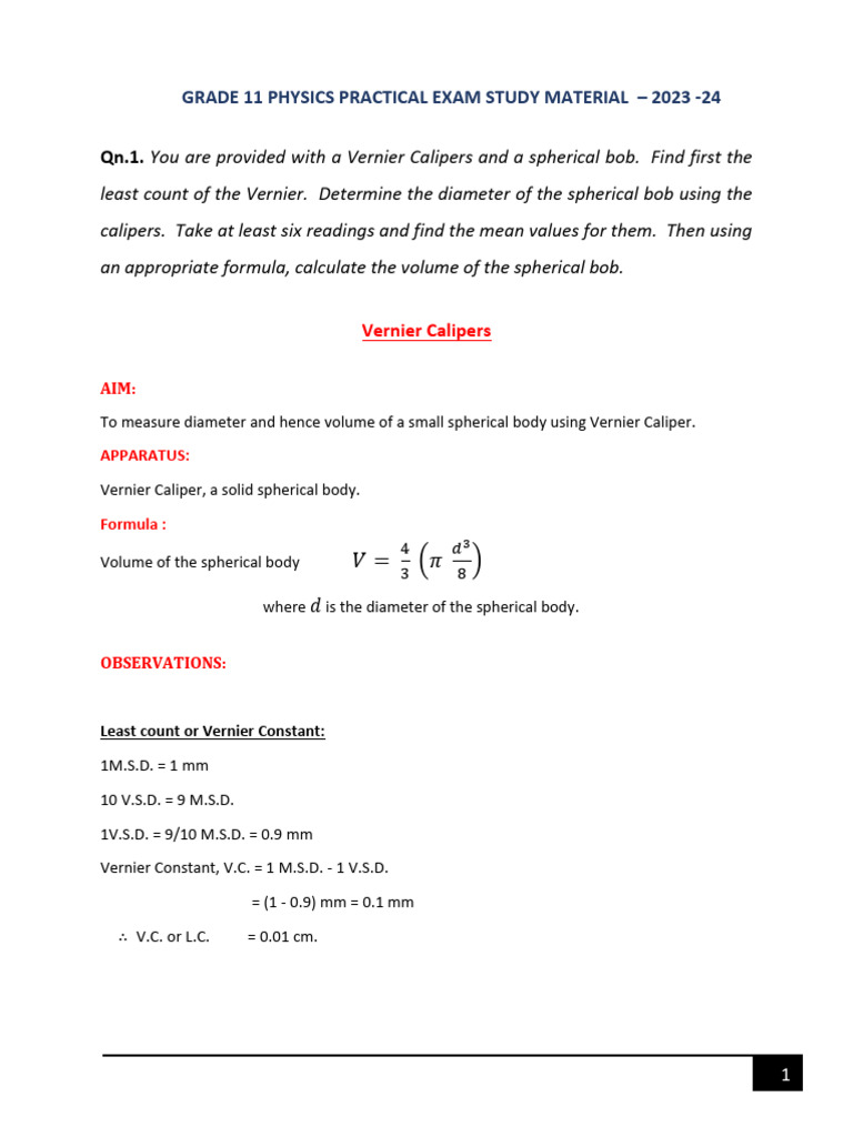 Grade - 11 - Study Material - Practical Exam - 23-24 | PDF | Metrology