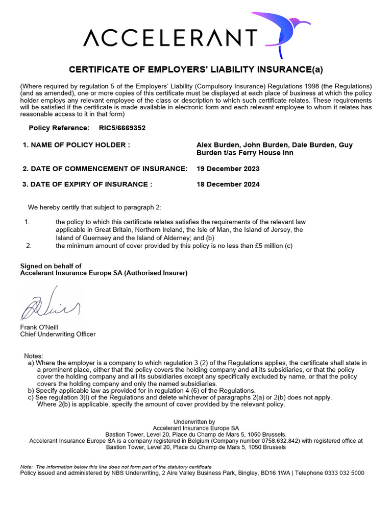 Employers Liability Certificate | Download Free PDF | Insurance ...