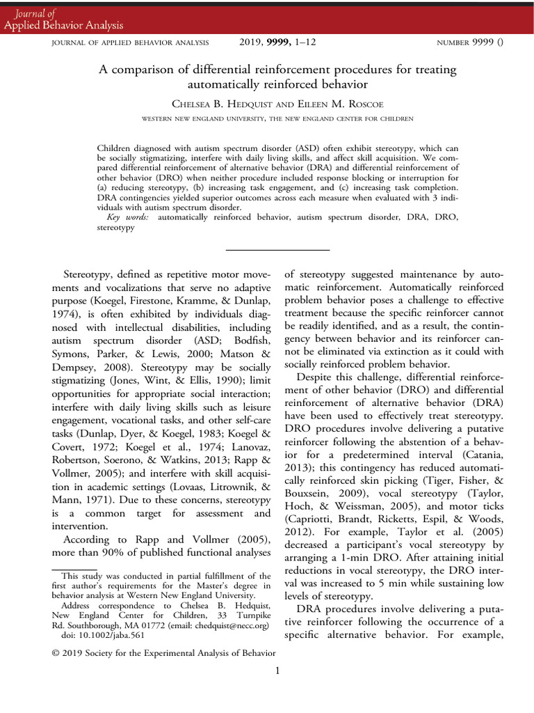 A Comparison of Differential Reinforcement Procedures For Treating Automatically Reinforced ...