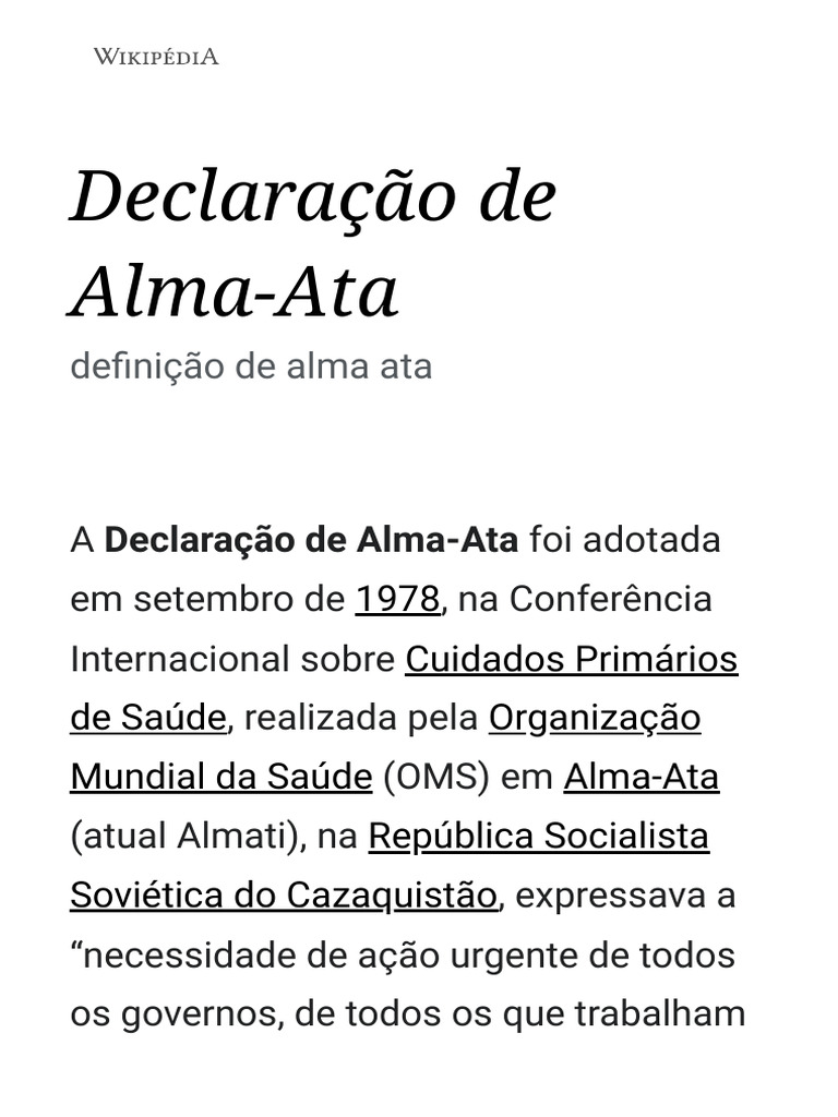 Declaração de Alma-Ata - Wikipédia, A Enciclopédia Livre | PDF