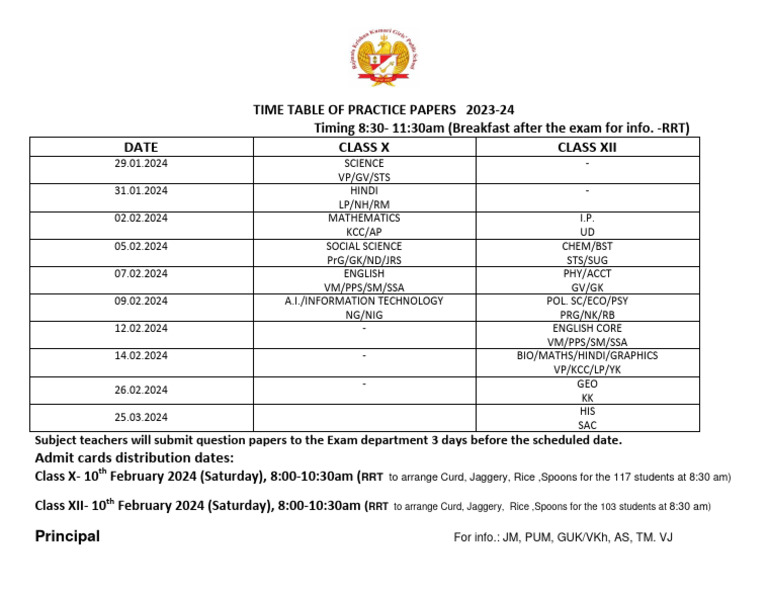 Time Table of Practice Papers Class X & Xii | PDF