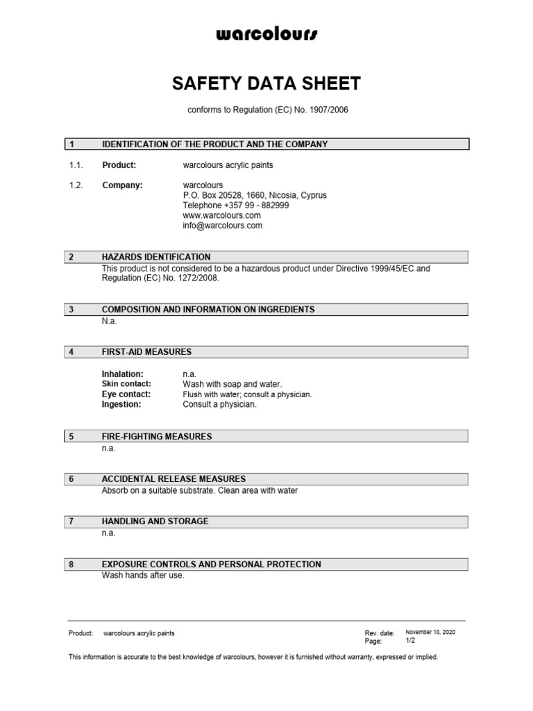 Warcolours Acrylic Paints SDS - EU | PDF | Paint | Sodium