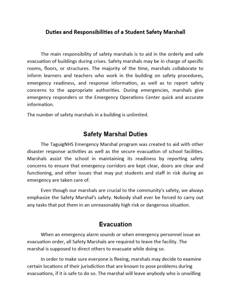 Student Safety Marshal Responsibilities | PDF | Emergency | Safety