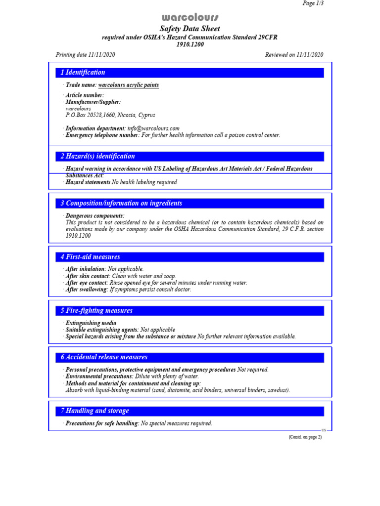 Acrylic Paint Safety Data Sheet | PDF | Dangerous Goods | Occupational ...
