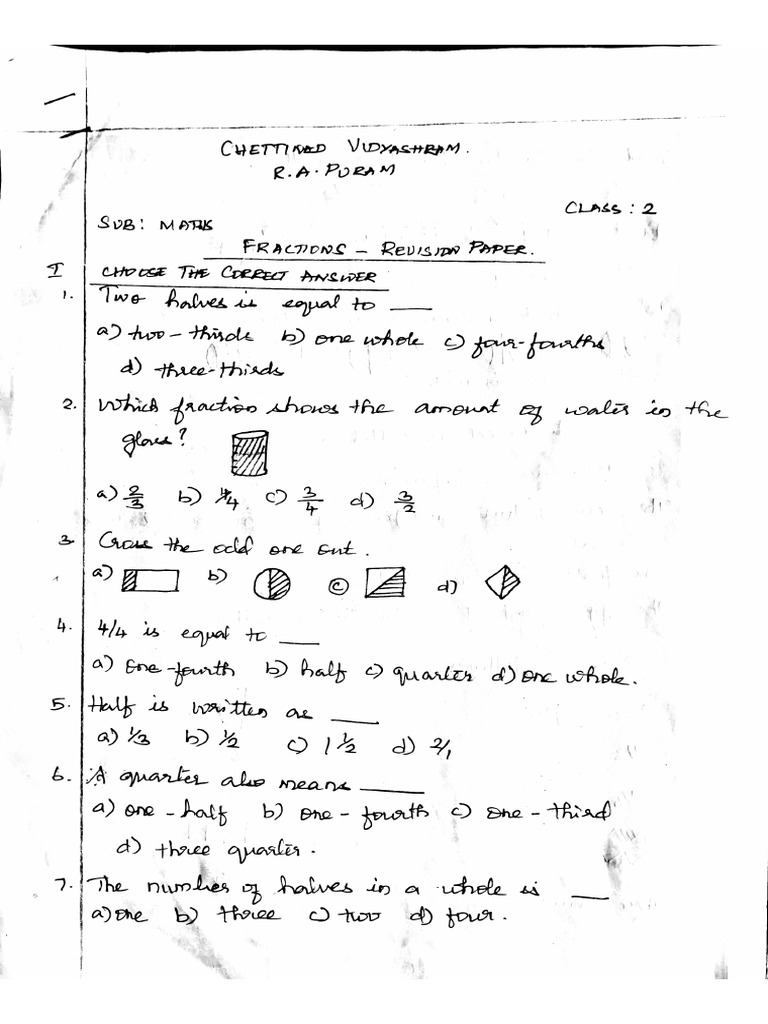 STD 2 Maths Fractions Revision Paper | PDF