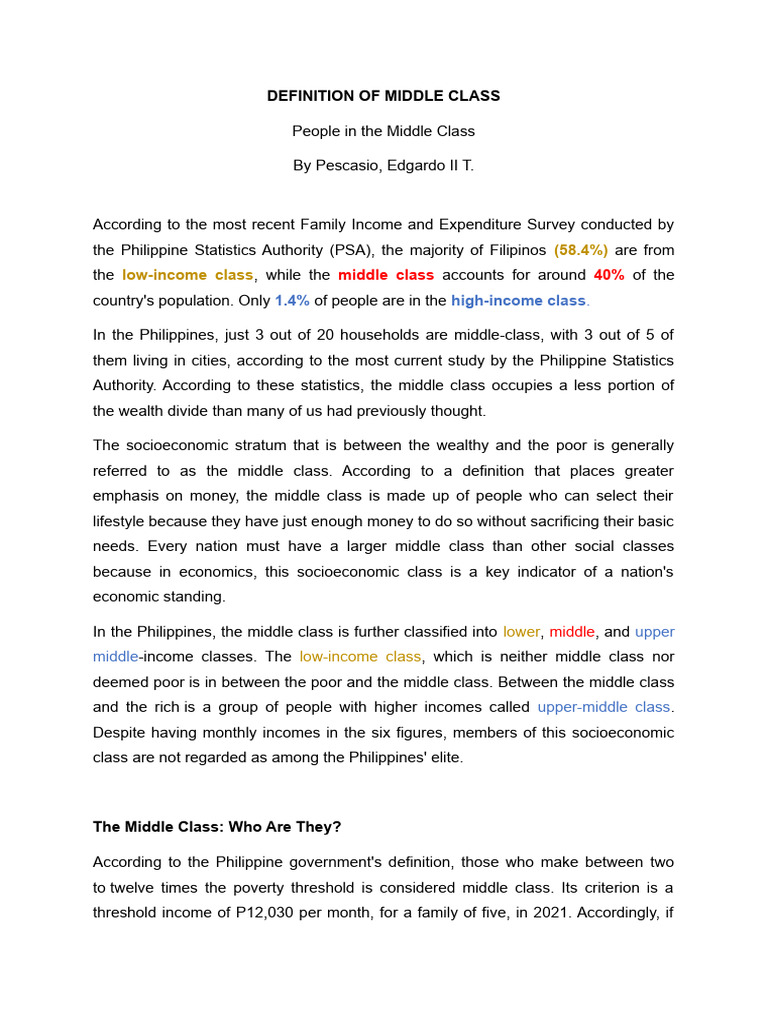 Filipino Middle Class Overview | PDF | Middle Class | Poverty
