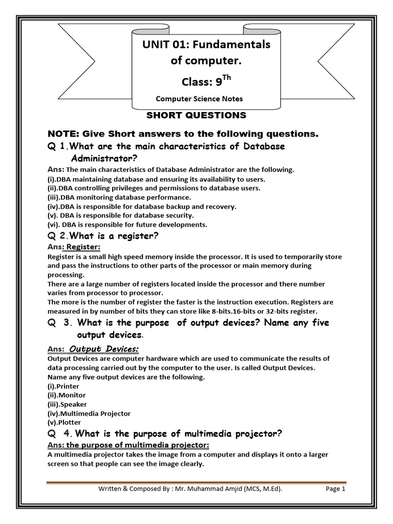 Class 9th Computer Science Notes Pdf Operating System Computer Data Storage 9293