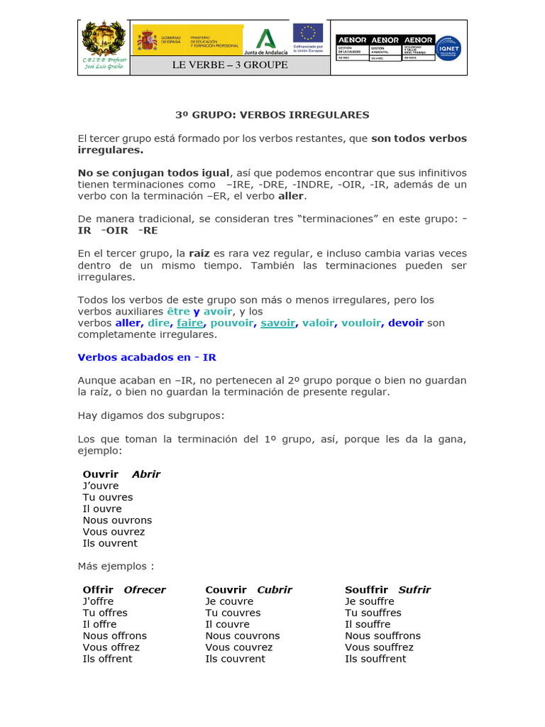 Verbos Irregulares del Tercer Grupo | PDF | Tipología Lingüística ...
