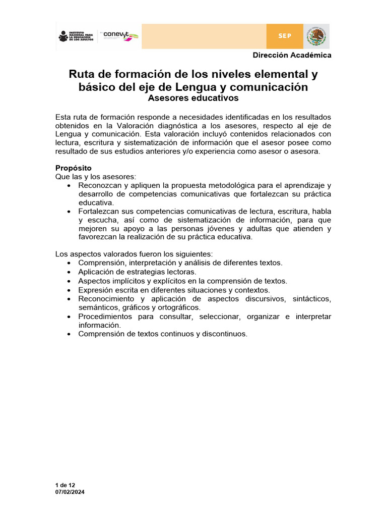 Ruta de Formaci N de Los Niveles Elemental y B Sico Del Eje de Lengua y ...