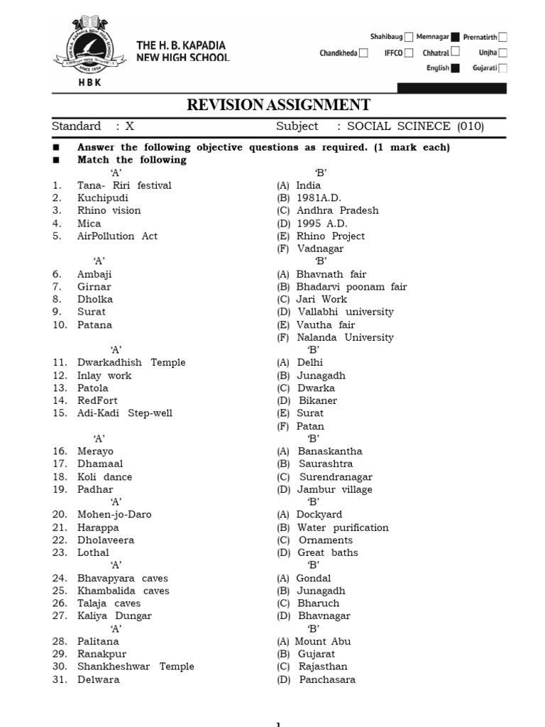 Revision Assignment: Standard: X Subject: Social Scinece | PDF ...