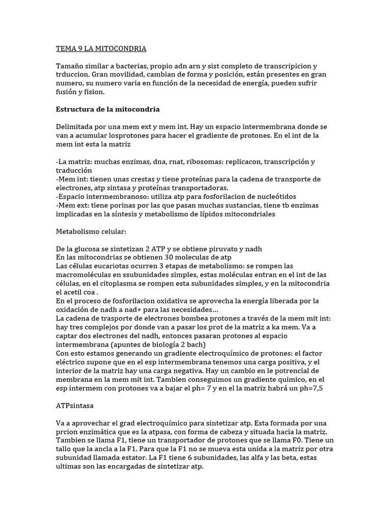 Tema 9 La Mitocondria | PDF | Mitocondria | Trifosfato de adenosina